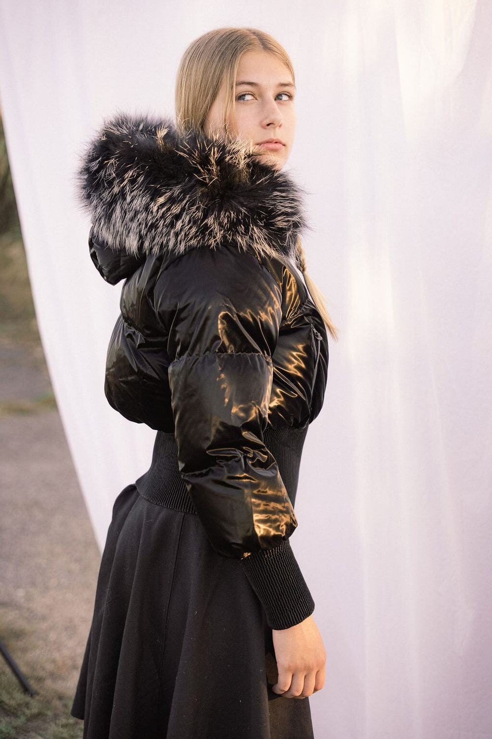 Elegy Tall Waistband Teens Down Coat - Black Liquid Shine