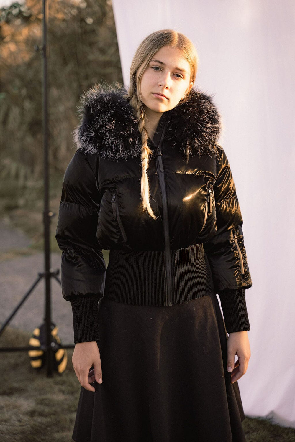 Elegy Tall Waistband Teens Down Coat - Black Liquid Shine
